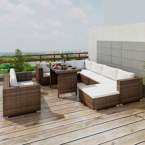 vidaXL Patio Lounge Set 10 Piece with Cushions Garden Outdoor Kitchen Dining Dinner Dinette Table and Chair Seat Seating Furniture Poly Rattan Brown