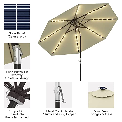 EAST OAK Patio Umbrella, 9 ft Outdoor Table Umbrella with 40 LED Solar Lights of Waterproof and UV 30+ Fade Resistant for Garden, Deck, Backyard, Pool and Beach, Beige