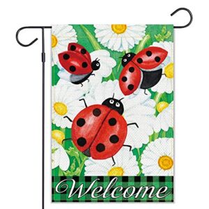 balgardekor welcome ladybug garden flag vertical double sided black sunflower bee green buffalo plaid burlap summer yard outdoor decor home decor (12.5 x 18, green welcome ladybug)