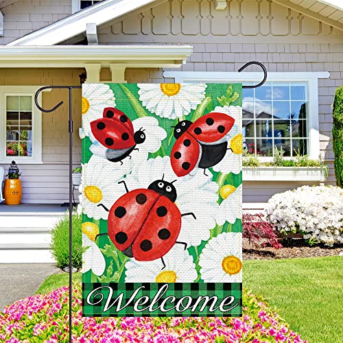 Balgardekor Welcome Ladybug Garden Flag Vertical Double Sided Black Sunflower Bee Green Buffalo Plaid Burlap Summer Yard Outdoor Decor Home Decor (12.5 x 18, Green Welcome Ladybug)