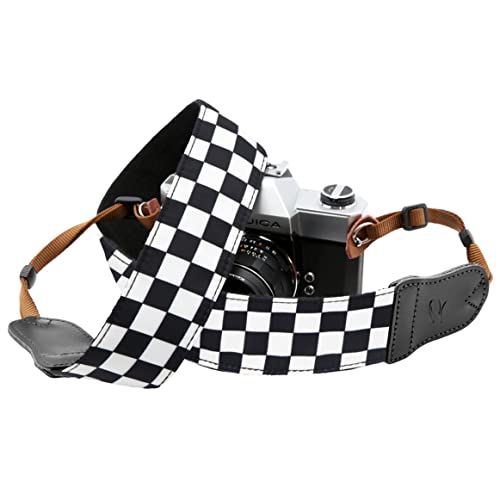 Black and White Plaid Camera Strap - 2"Wide with Double Layer Cowhide Head,Personalized Cotton Camera Shoulder Straps,Grid Pattern Adjustable Camera Neck Strap for all Cameras,Gift for Photographers