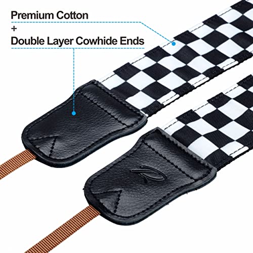 Black and White Plaid Camera Strap - 2"Wide with Double Layer Cowhide Head,Personalized Cotton Camera Shoulder Straps,Grid Pattern Adjustable Camera Neck Strap for all Cameras,Gift for Photographers