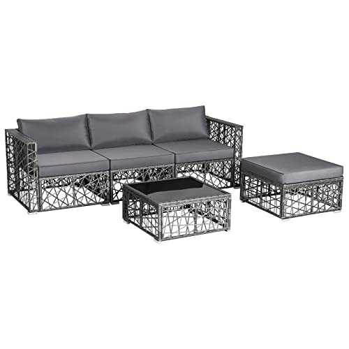 Tangkula 5 Pieces Patio Furniture Set, Patiojoy All Weather Heavy Duty Outdoor PE Rattan Wicker Sectional Cushioned Sofa Set with Tempered Glass Coffee Table and Ottoman for 4, Poolside, Garden (Grey)