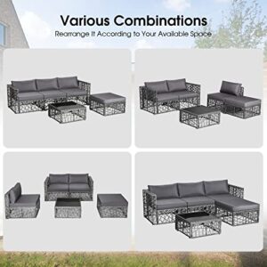 Tangkula 5 Pieces Patio Furniture Set, Patiojoy All Weather Heavy Duty Outdoor PE Rattan Wicker Sectional Cushioned Sofa Set with Tempered Glass Coffee Table and Ottoman for 4, Poolside, Garden (Grey)