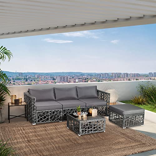 Tangkula 5 Pieces Patio Furniture Set, Patiojoy All Weather Heavy Duty Outdoor PE Rattan Wicker Sectional Cushioned Sofa Set with Tempered Glass Coffee Table and Ottoman for 4, Poolside, Garden (Grey)