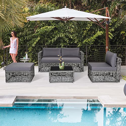 Tangkula 5 Pieces Patio Furniture Set, Patiojoy All Weather Heavy Duty Outdoor PE Rattan Wicker Sectional Cushioned Sofa Set with Tempered Glass Coffee Table and Ottoman for 4, Poolside, Garden (Grey)