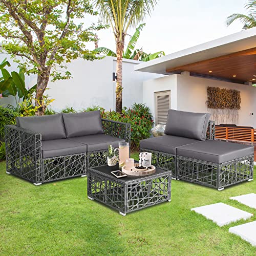 Tangkula 5 Pieces Patio Furniture Set, Patiojoy All Weather Heavy Duty Outdoor PE Rattan Wicker Sectional Cushioned Sofa Set with Tempered Glass Coffee Table and Ottoman for 4, Poolside, Garden (Grey)