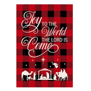 monord religious christmas joy to the world nativity manger scene buffalo plaid burlap garden flag vertical double sided, birth of jesus christian xmas winter yard outdoor decor 12 x 18 inch