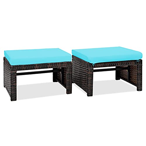 RELAX4LIFE 2-Piece Wicker Outdoor Ottoman - Set of Two Wicker Ottomans Footstool Footrest for Patio with Soft Cushions, Outdoor Pouf for Garden, Poolside and Backyard (Turquoise)