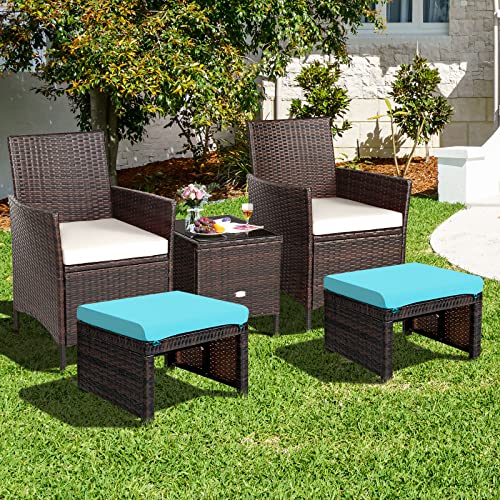 RELAX4LIFE 2-Piece Wicker Outdoor Ottoman - Set of Two Wicker Ottomans Footstool Footrest for Patio with Soft Cushions, Outdoor Pouf for Garden, Poolside and Backyard (Turquoise)