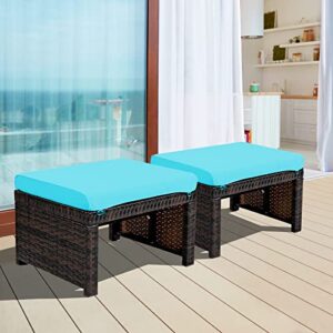 RELAX4LIFE 2-Piece Wicker Outdoor Ottoman - Set of Two Wicker Ottomans Footstool Footrest for Patio with Soft Cushions, Outdoor Pouf for Garden, Poolside and Backyard (Turquoise)