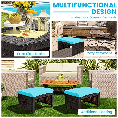 RELAX4LIFE 2-Piece Wicker Outdoor Ottoman - Set of Two Wicker Ottomans Footstool Footrest for Patio with Soft Cushions, Outdoor Pouf for Garden, Poolside and Backyard (Turquoise)