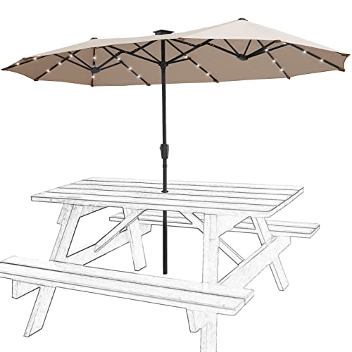 FREE SOLDIER 13FT Double-Sided Patio Umbrellas With 36 LED Lights, Outdoor Extra Large Umbrella with Crank, Market Twin Table Umbrella with Solar lights for Patio Garden Yard Pool (Beige)