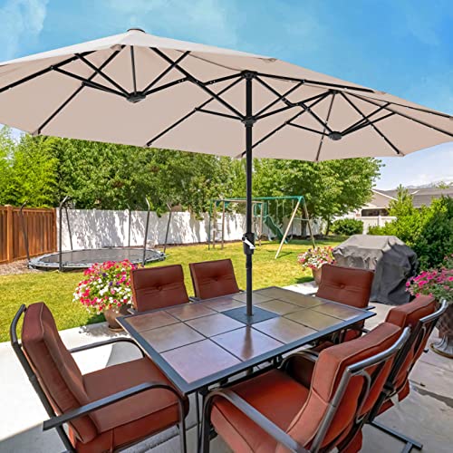 FREE SOLDIER 13FT Double-Sided Patio Umbrellas With 36 LED Lights, Outdoor Extra Large Umbrella with Crank, Market Twin Table Umbrella with Solar lights for Patio Garden Yard Pool (Beige)