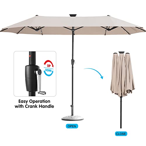 FREE SOLDIER 13FT Double-Sided Patio Umbrellas With 36 LED Lights, Outdoor Extra Large Umbrella with Crank, Market Twin Table Umbrella with Solar lights for Patio Garden Yard Pool (Beige)