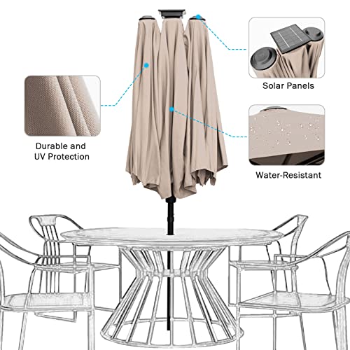 FREE SOLDIER 13FT Double-Sided Patio Umbrellas With 36 LED Lights, Outdoor Extra Large Umbrella with Crank, Market Twin Table Umbrella with Solar lights for Patio Garden Yard Pool (Beige)