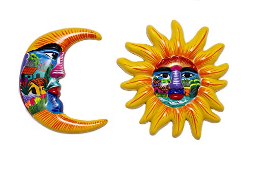 Yellow Hand Painted Authentic Mexican Sun and Moon Wall Decor, Patio Wall Decorations, Summer Wall Ceramic Decor, Moon Decor, Mexican Art for Home and Garden, Outdoor Wall Art 12 inches