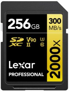 lexar professional 2000x 256gb sdxc uhs-ii memory card, c10, u3, v90, full-hd & 8k video, up to 300mb/s read, for dslr, cinema-quality video cameras (lsd2000256g-bnnnu)