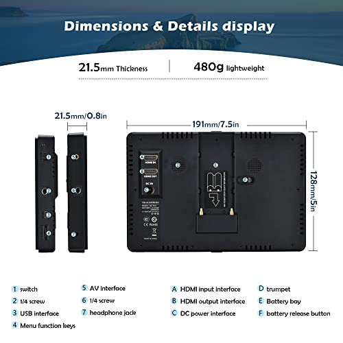 VILTROX DC-70 II 7 inch Camera Video Monitor, 4K Camera Field Monitor Kit with HDMI AV Input/Output for Canon Nikon Sony DSLR Camera, Peaking Focus Assist Video Monitor with Sunshade Hood/Battery