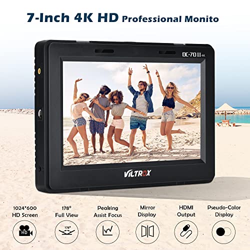 VILTROX DC-70 II 7 inch Camera Video Monitor, 4K Camera Field Monitor Kit with HDMI AV Input/Output for Canon Nikon Sony DSLR Camera, Peaking Focus Assist Video Monitor with Sunshade Hood/Battery