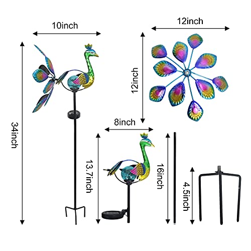 Wind Spinners for Yard and Garden - Solar Peacock Wind Spinner, Metal Kinetic Garden Stake Lights Wind Spinners, Outdoor Decorative Sculpture Waterproof Lights Lawn Courtyard Garden Décor