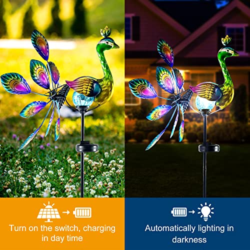 Wind Spinners for Yard and Garden - Solar Peacock Wind Spinner, Metal Kinetic Garden Stake Lights Wind Spinners, Outdoor Decorative Sculpture Waterproof Lights Lawn Courtyard Garden Décor