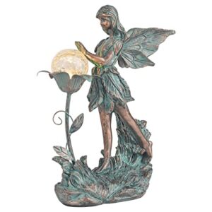 teresa’s collections large garden fairy outdoor statue, solar garden sculptures & statues with crackle glass globe, bronze patina garden art for lawn patio balcony decor 13.2 inch