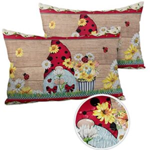 Lumbar Pillow Covers 12 x 20 Inches, Ladybug Gnome Waterproof Pillow Protector Set of 2 Throw Pillowcases Cover, Summer Spring Flroal Wood Board Rectangle Cushion Covers for Patio/Tent/Couch/Garden