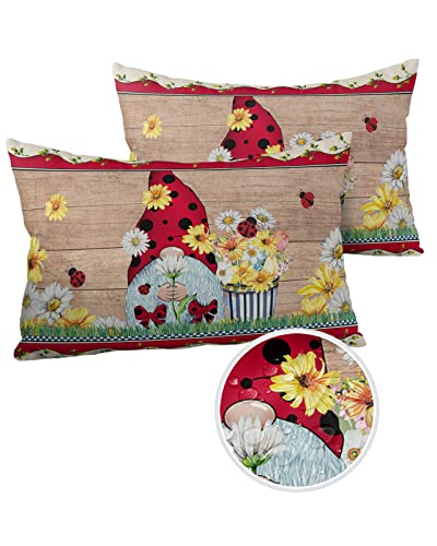 Lumbar Pillow Covers 12 x 20 Inches, Ladybug Gnome Waterproof Pillow Protector Set of 2 Throw Pillowcases Cover, Summer Spring Flroal Wood Board Rectangle Cushion Covers for Patio/Tent/Couch/Garden