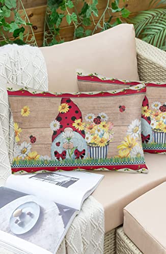 Lumbar Pillow Covers 12 x 20 Inches, Ladybug Gnome Waterproof Pillow Protector Set of 2 Throw Pillowcases Cover, Summer Spring Flroal Wood Board Rectangle Cushion Covers for Patio/Tent/Couch/Garden