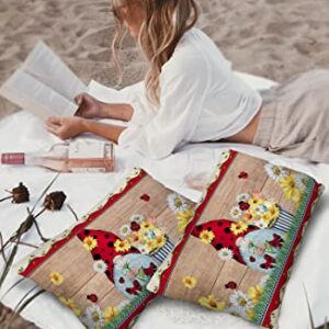 Lumbar Pillow Covers 12 x 20 Inches, Ladybug Gnome Waterproof Pillow Protector Set of 2 Throw Pillowcases Cover, Summer Spring Flroal Wood Board Rectangle Cushion Covers for Patio/Tent/Couch/Garden