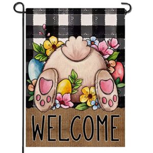 artofy welcome easter bunny rabbit small decorative garden flag, egg flowers farmhouse yard lawn outside decor, spring buffalo plaid check burlap outdoor home decoration double sided 12 x 18