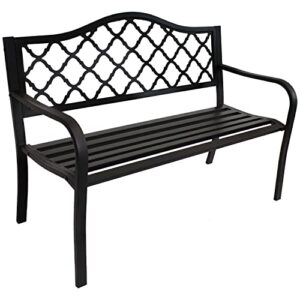 sunnydaze outdoor patio bench – 2-person outside garden park bench furniture – durable cast iron metal – black lattice decorative design – outdoor seating for yard, porch, deck, entryway or backyard