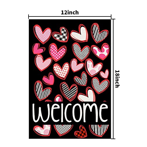 Valentines Day Love Heart Garden Flag 12×18 Inch Burlap Double Sided, Welcome Valentine sign Farmhouse Yard Outdoor Decoration DF176