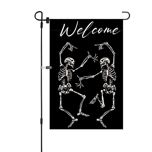 Welcome Halloween Garden Flags 12 X 18 Inch Double Sided Burlap Yard Decor Skeleton Garden Flag for Outdoor