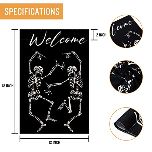 Welcome Halloween Garden Flags 12 X 18 Inch Double Sided Burlap Yard Decor Skeleton Garden Flag for Outdoor