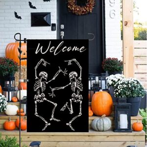 Welcome Halloween Garden Flags 12 X 18 Inch Double Sided Burlap Yard Decor Skeleton Garden Flag for Outdoor