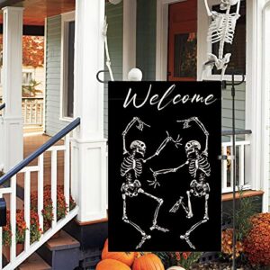 Welcome Halloween Garden Flags 12 X 18 Inch Double Sided Burlap Yard Decor Skeleton Garden Flag for Outdoor