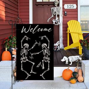 Welcome Halloween Garden Flags 12 X 18 Inch Double Sided Burlap Yard Decor Skeleton Garden Flag for Outdoor