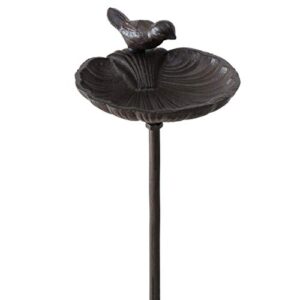 scallop shell garden stake, bird feeder, cast iron, 3 feet 2 1/2 inches tall, rustic garden decoration