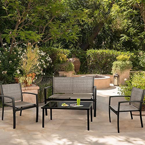 JUMMICO 4 Pieces Patio Furniture Set Modern Conversation Set Outdoor Garden Patio Bistro Set with Glass Coffee Table for Home, Porch, Lawn (Brown)