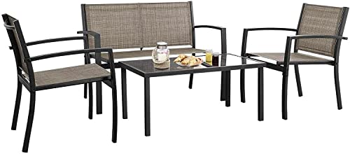 JUMMICO 4 Pieces Patio Furniture Set Modern Conversation Set Outdoor Garden Patio Bistro Set with Glass Coffee Table for Home, Porch, Lawn (Brown)