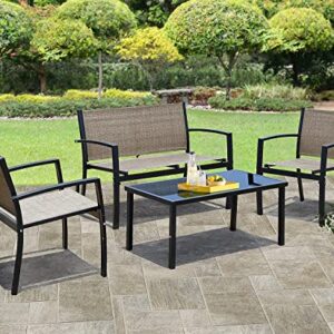 JUMMICO 4 Pieces Patio Furniture Set Modern Conversation Set Outdoor Garden Patio Bistro Set with Glass Coffee Table for Home, Porch, Lawn (Brown)