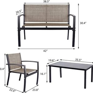 JUMMICO 4 Pieces Patio Furniture Set Modern Conversation Set Outdoor Garden Patio Bistro Set with Glass Coffee Table for Home, Porch, Lawn (Brown)