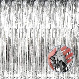 4 pack silver foil fringe curtain backdrop, 3.28ft x 8.2ft metallic tinsel foil fringe streamer curtains for photo booth props, birthday, wedding, new year’s, christmas decoration party supplies