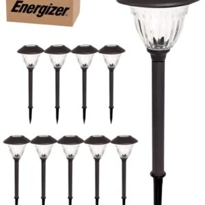 Energizer LED Solar Pathway Lights - 10 Pack of [Gunmetal] Outdoor Solar Lights - IP65 Waterproof w/Auto On/Off - Patterned Glass and Metal Construction Coated in Gunmetal