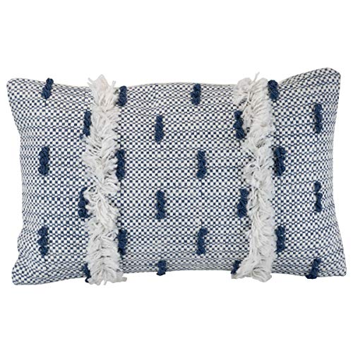 Foreside Home & Garden FIPL09778 Blue Decorative Woven 14x22 Outdoor Throw Pillow with Hand Tufted Fringe