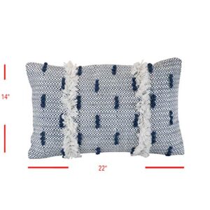 Foreside Home & Garden FIPL09778 Blue Decorative Woven 14x22 Outdoor Throw Pillow with Hand Tufted Fringe