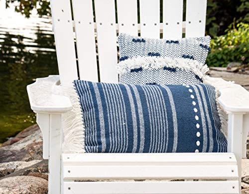 Foreside Home & Garden FIPL09778 Blue Decorative Woven 14x22 Outdoor Throw Pillow with Hand Tufted Fringe