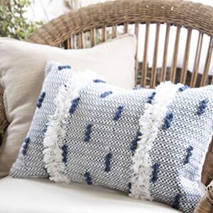 Foreside Home & Garden FIPL09778 Blue Decorative Woven 14x22 Outdoor Throw Pillow with Hand Tufted Fringe